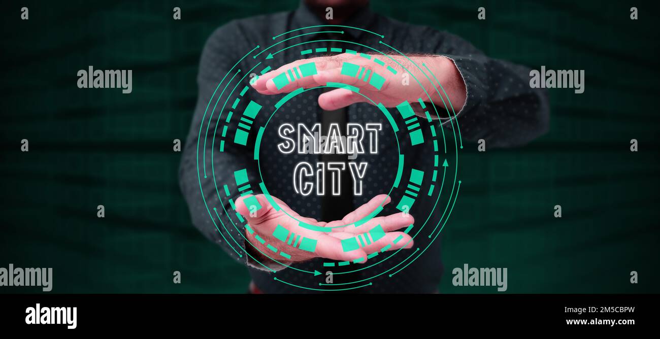 Conceptual display Smart City. Business concept urban area that uses ...