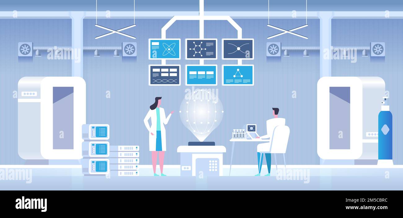 Scientists man and woman conducting research in a lab, interior of science laboratory, vector ...