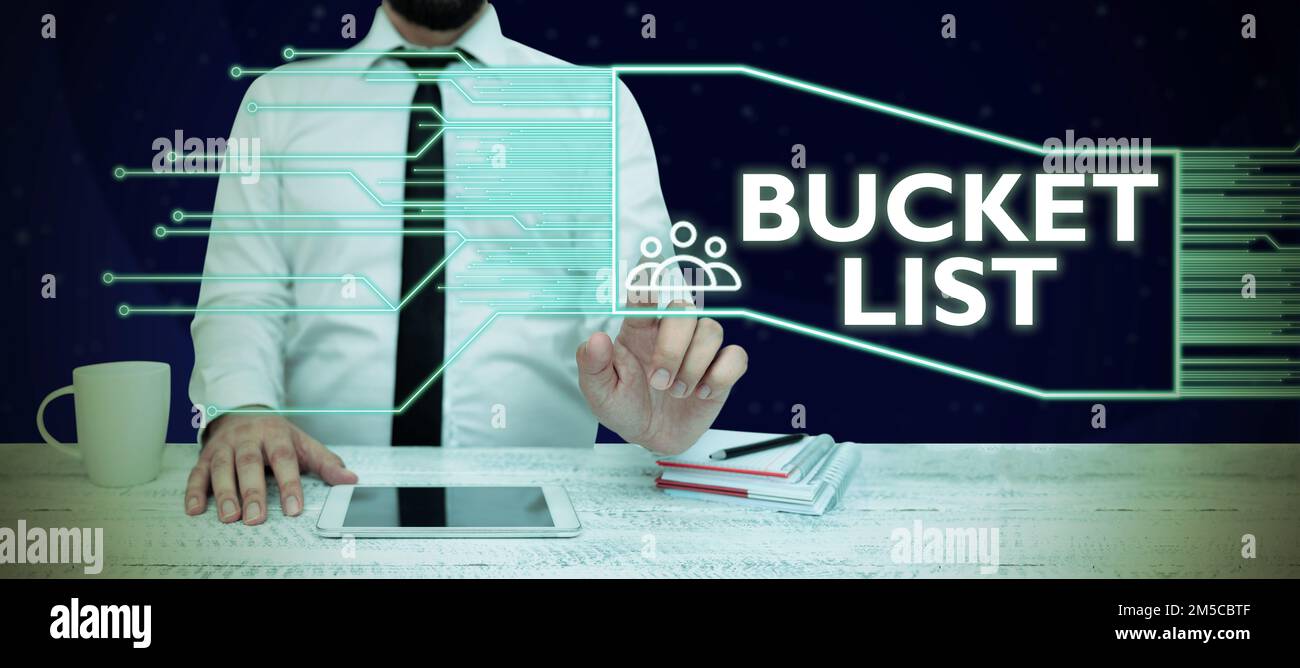 Sign displaying Bucket List. Conceptual photo a list of the things that ...