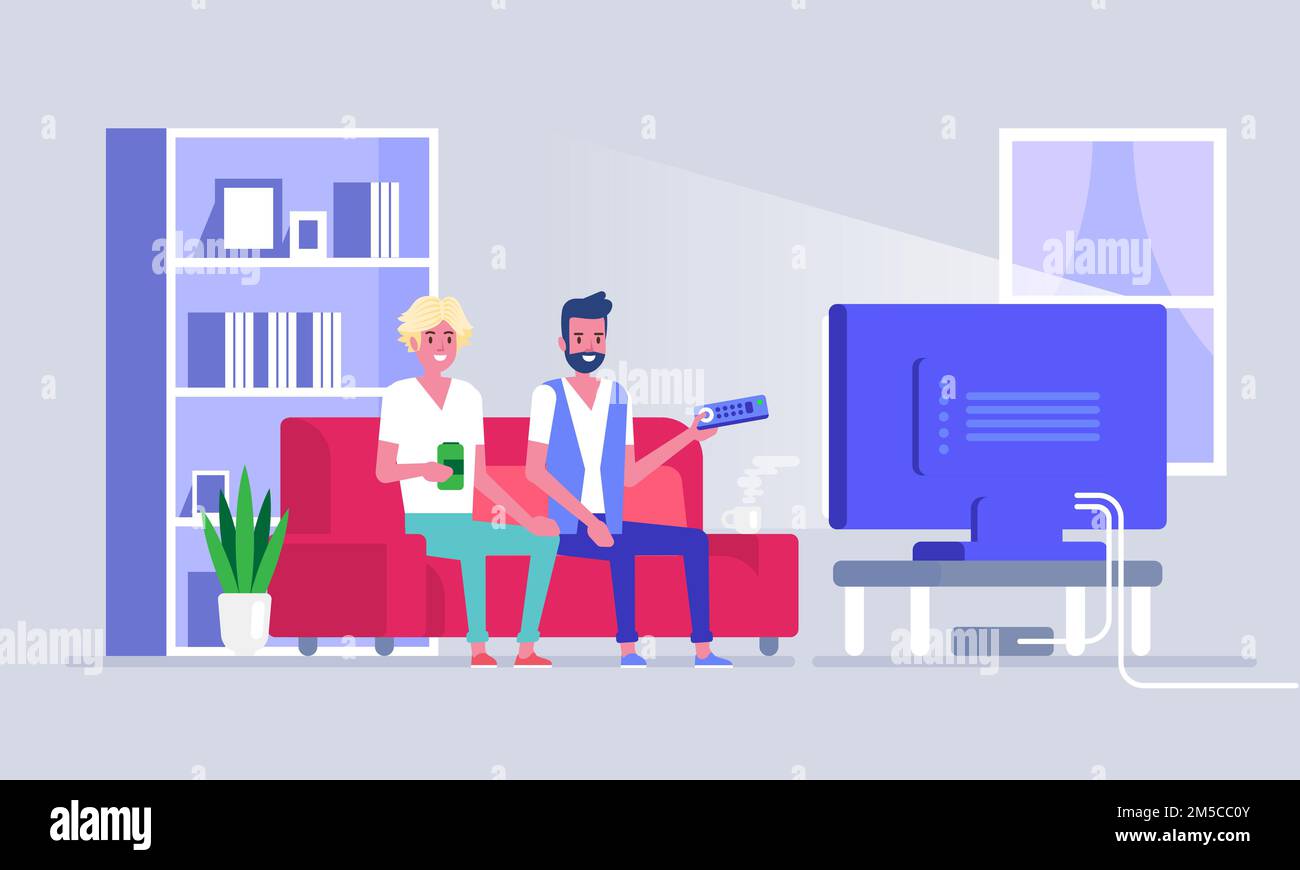 Two man sitting on sofa and watching TV Friendship and entertainment ...