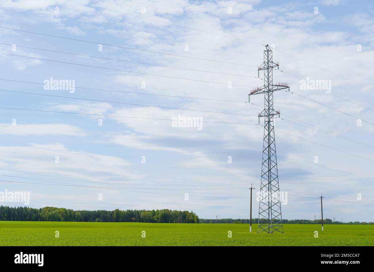 Industrial concept. Towers and high-voltage power lines in the field ...