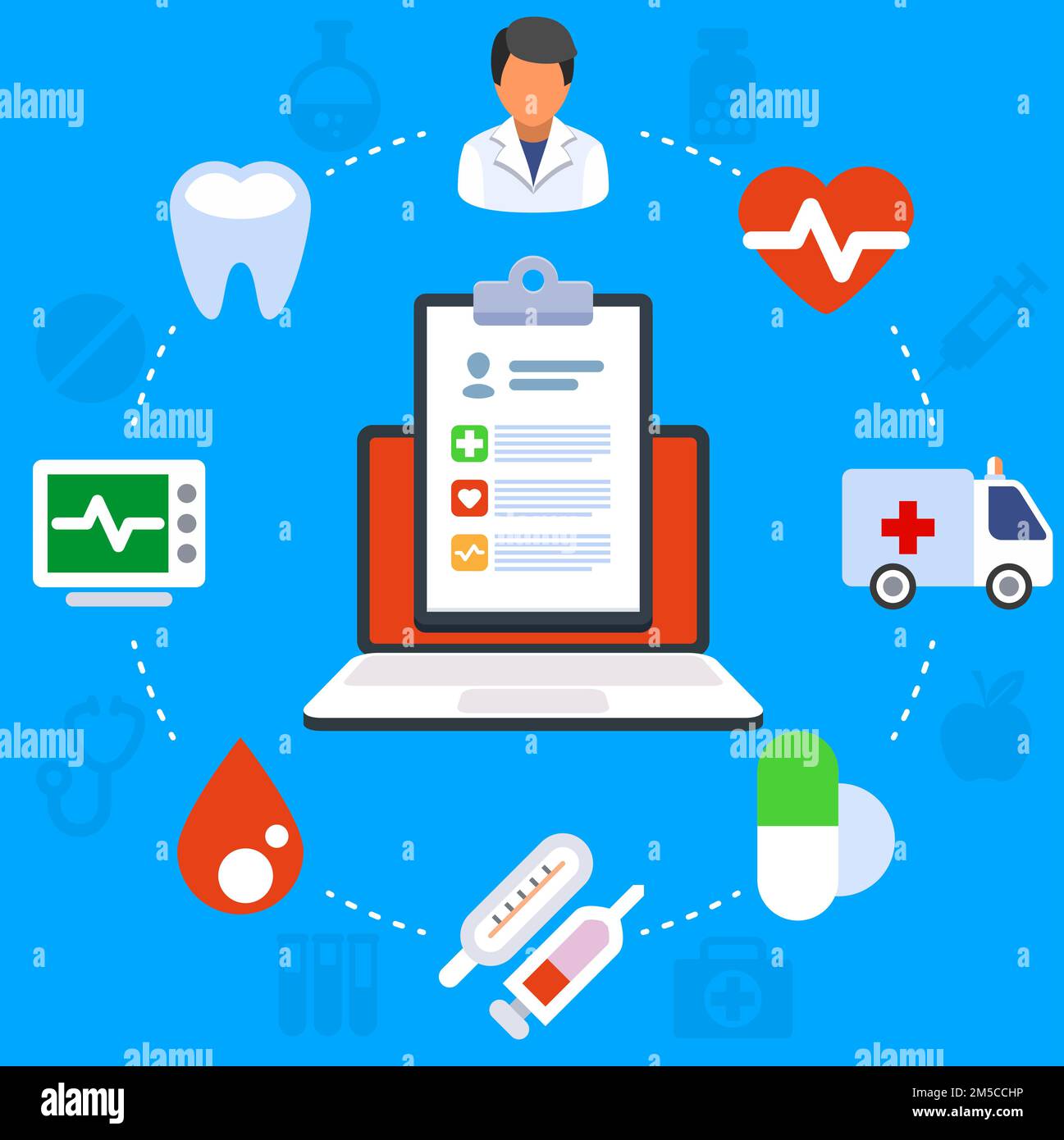 Medical services flat illustration concept. Laptop with medical ...