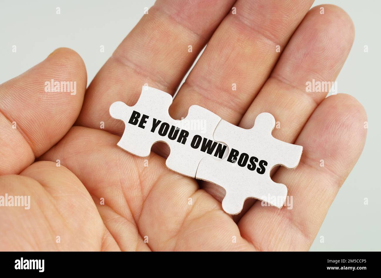 Business concept. In the hand of a man are puzzles with the inscription ...
