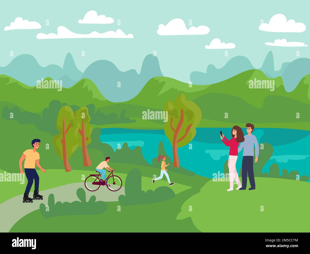 Family in park. City park activity, season walk pleisure. Happy kids ...