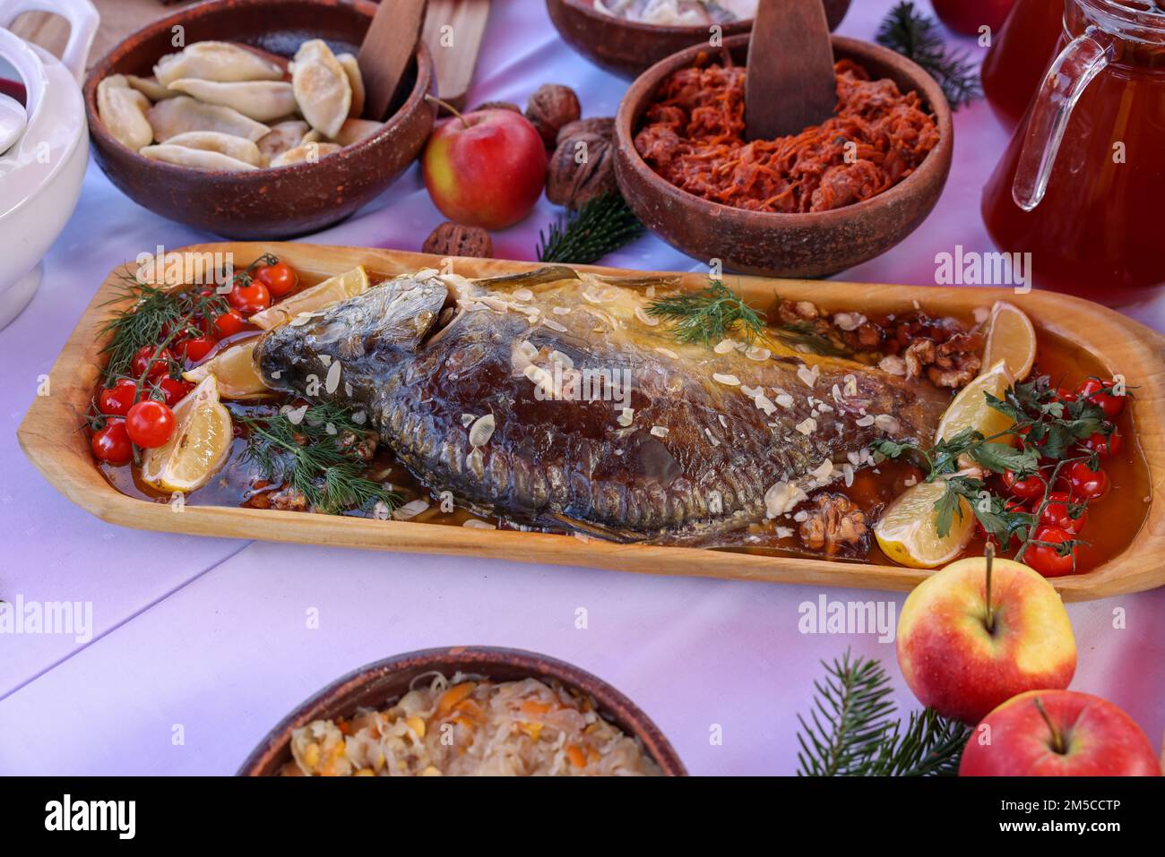 Christmas food on the table decorating with a white tablecloth Stock ...
