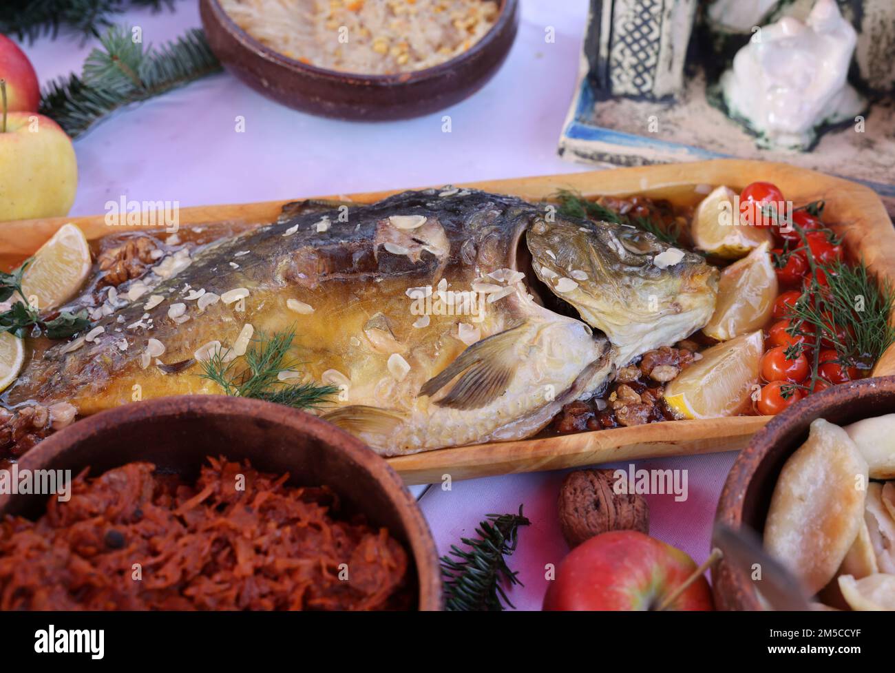 Christmas food on the table decorating with a white tablecloth Stock ...