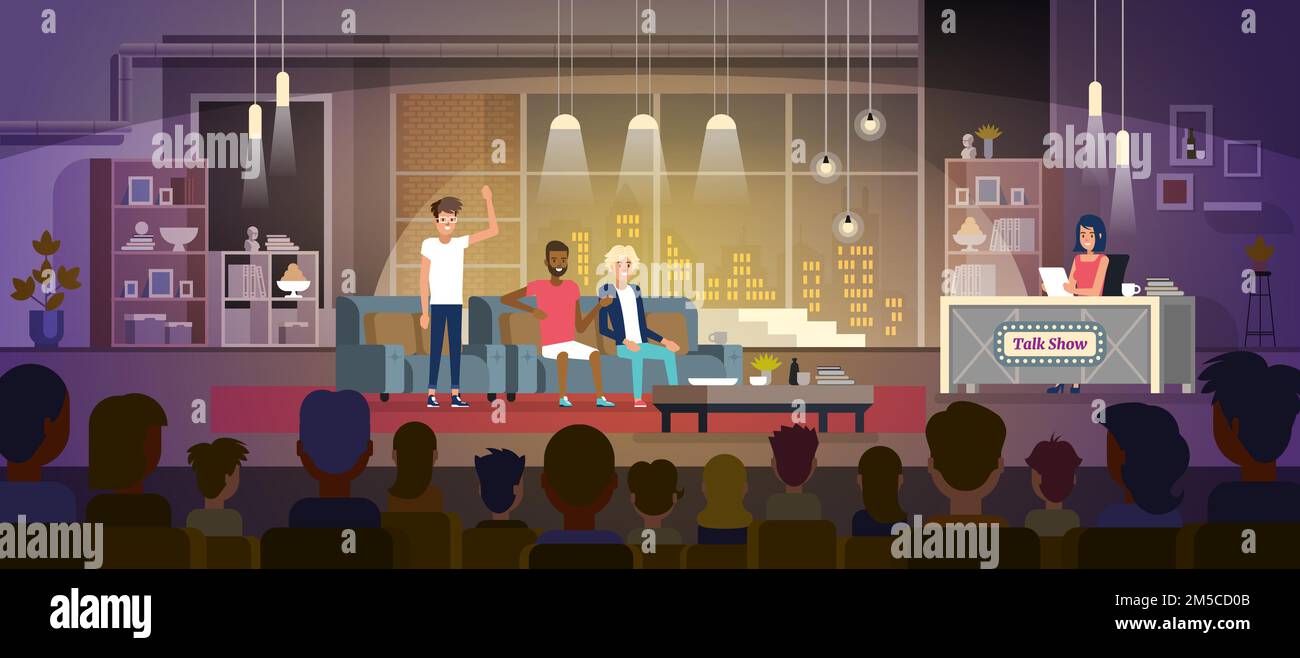 Talk show with three participants sitting on a couch and female reporter vector illustration ...