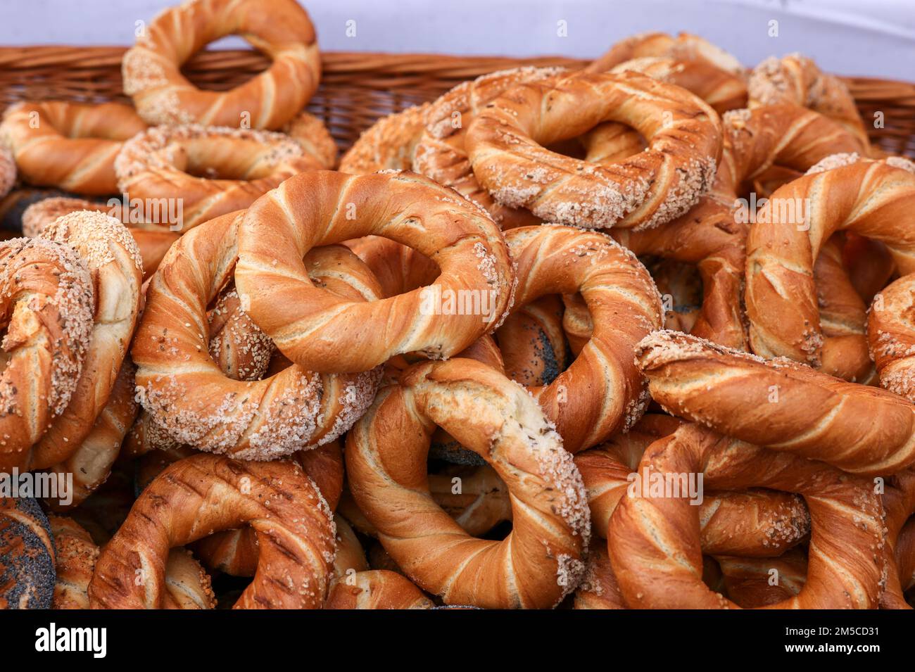 Traditional Cracovian prezels with salt, poppy and sesame seeds Stock ...