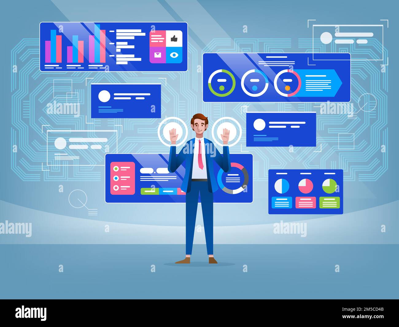Virtual reality. Man touching virtual interface screens. High ...