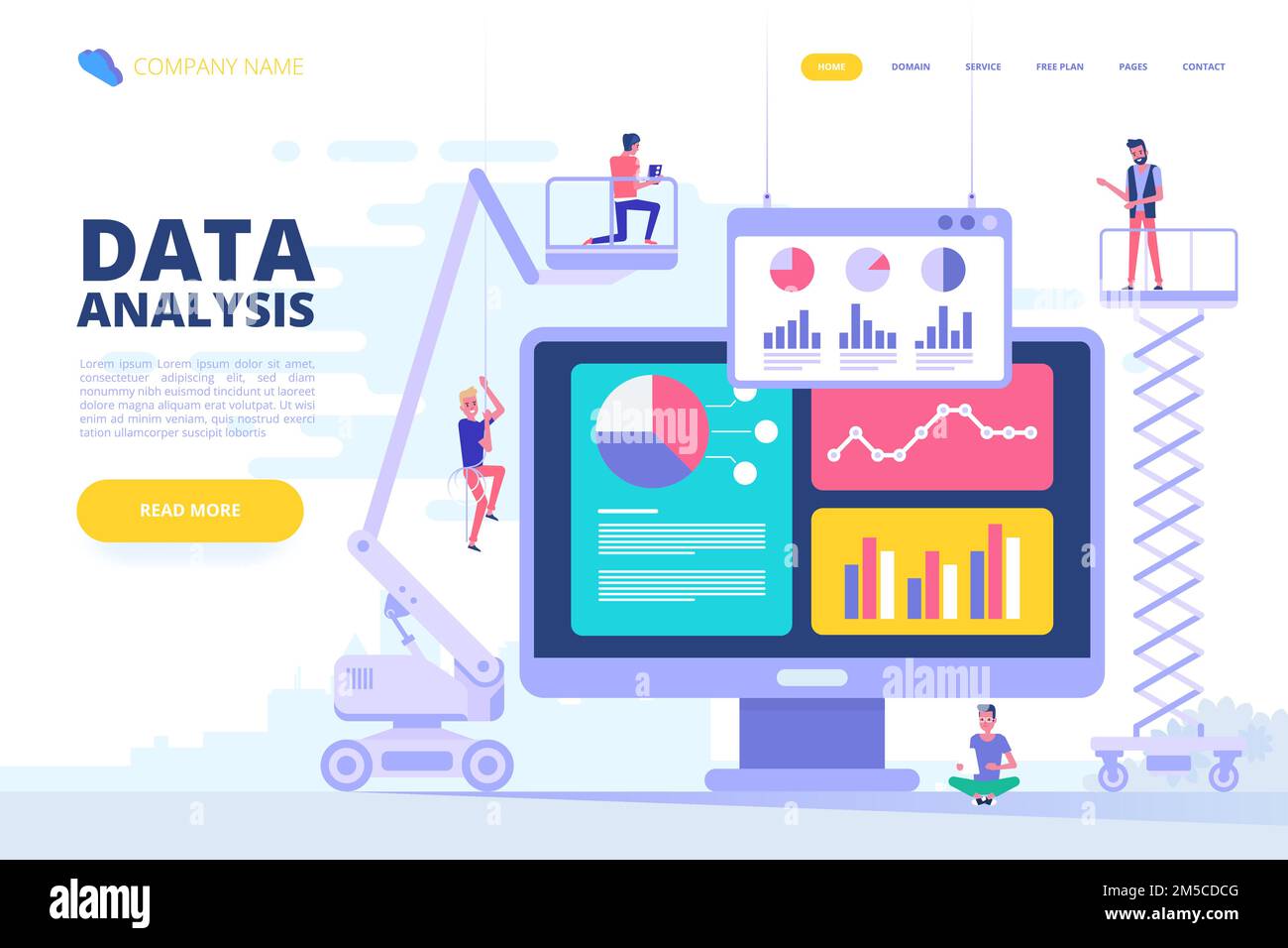 Data analysis design concept. Analysts working. Small people with data ...