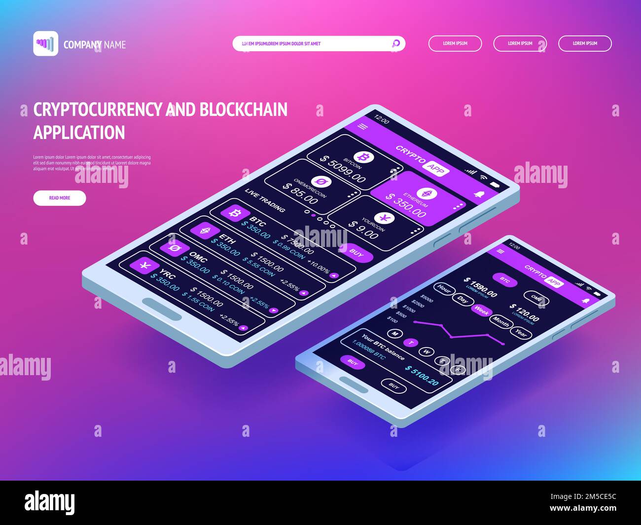 Cryptocurrency and blockchain application for smartphone. Header template for your website ...
