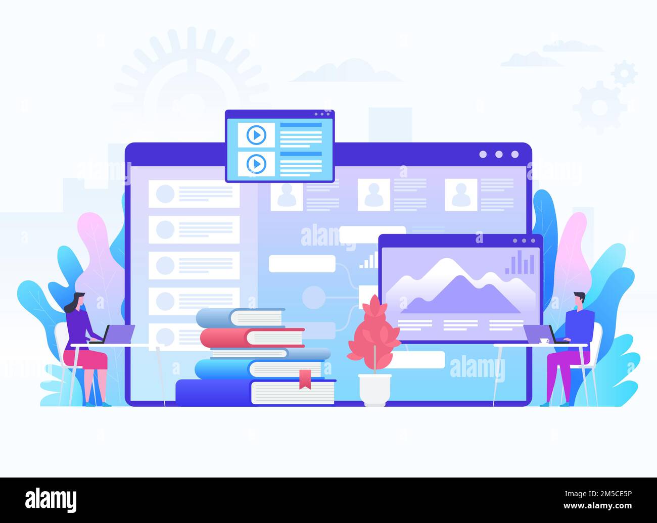 Modern education and virtual learning concept. Students with laptops ...