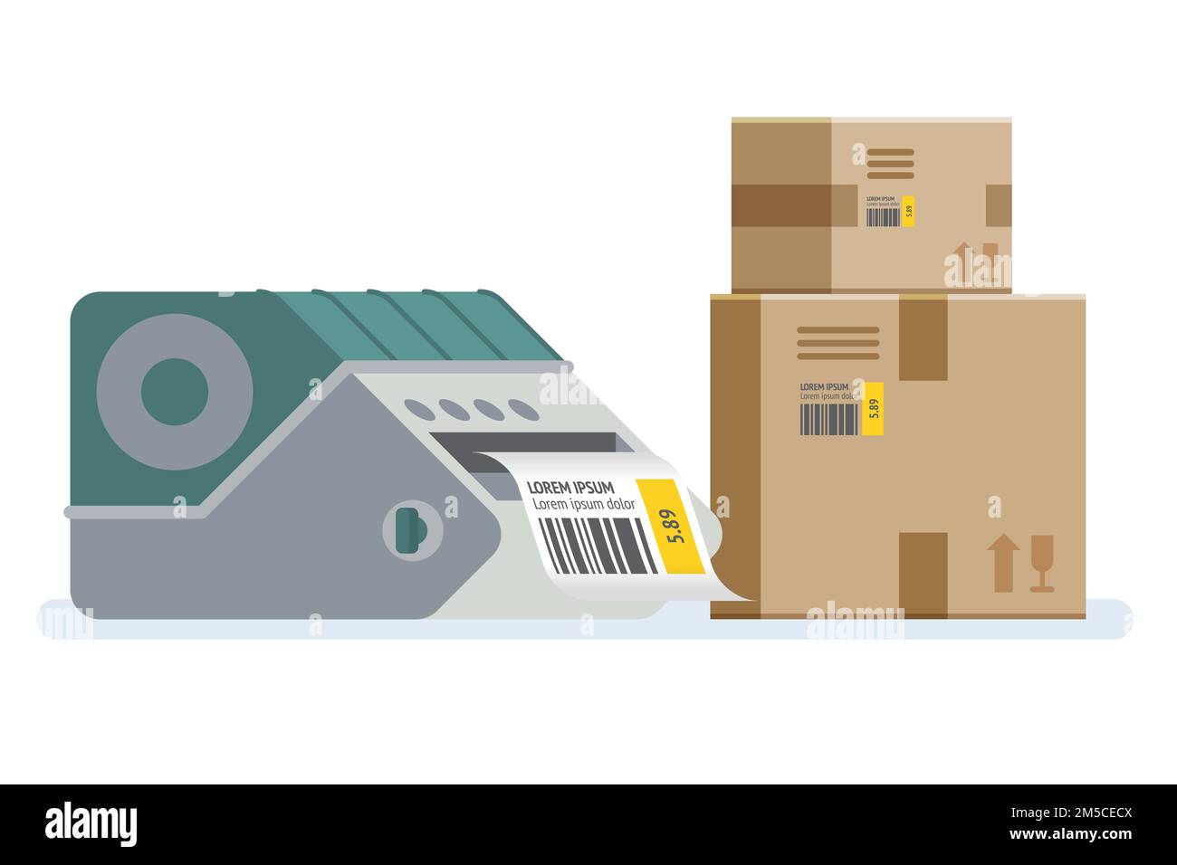 Label printer with boxes. Packaging boxes marked with a bar code ...
