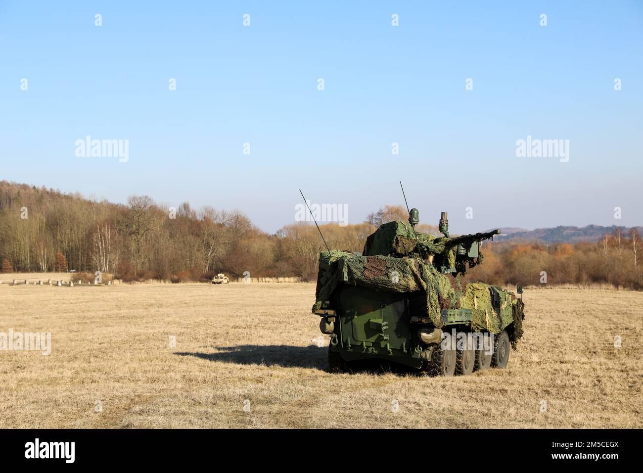 A soldier with the army of the Czech Republic watches vehicle maneuvers ...
