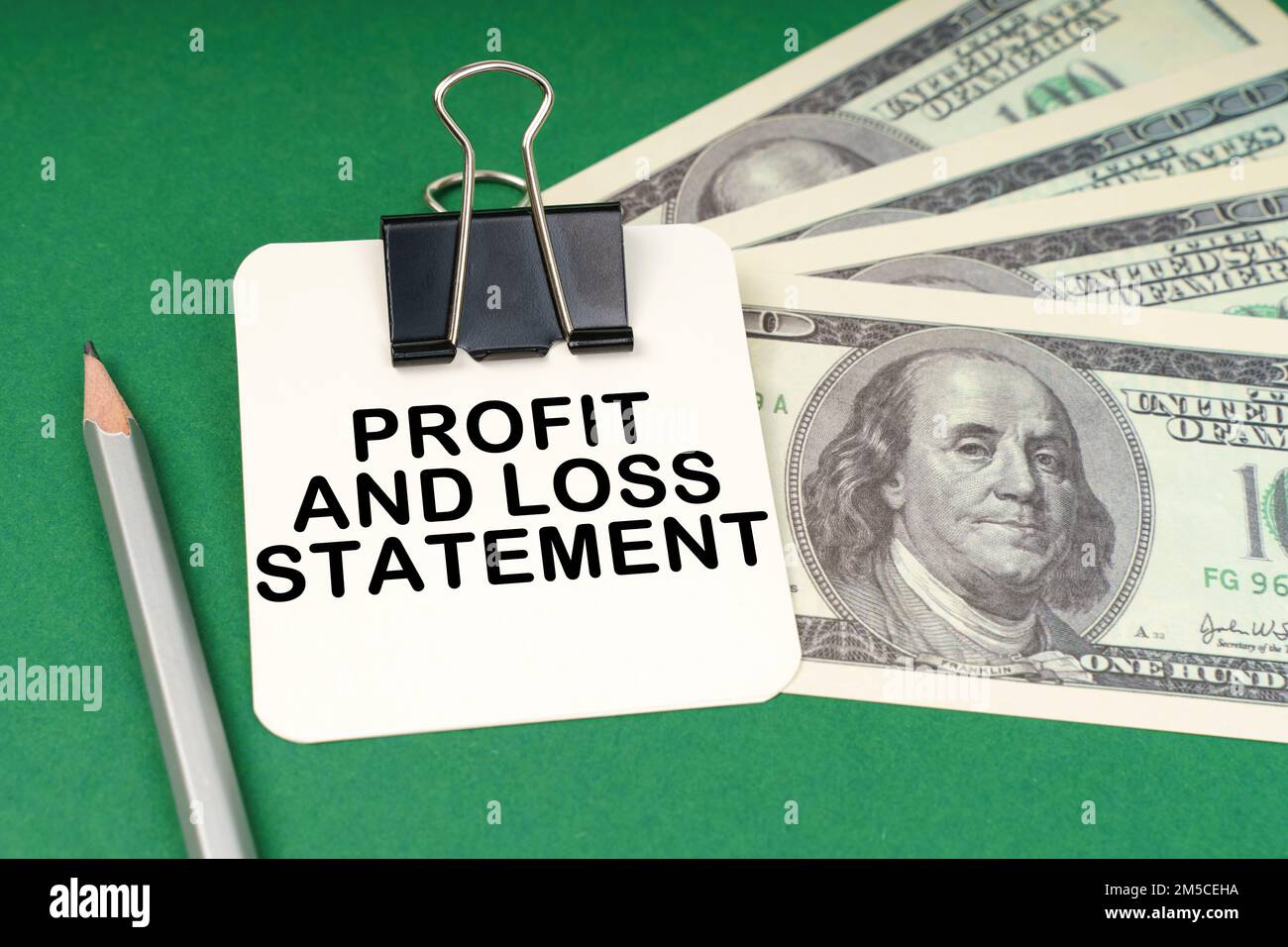 Business concept. On a green surface, a pen, dollars and in a clip paper with the inscription ...