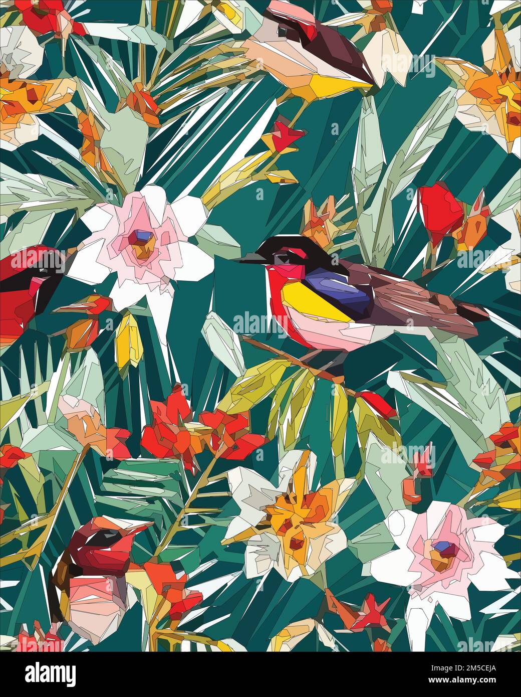 Birds, jungle and floral illustration with outlines. Pattern for ...