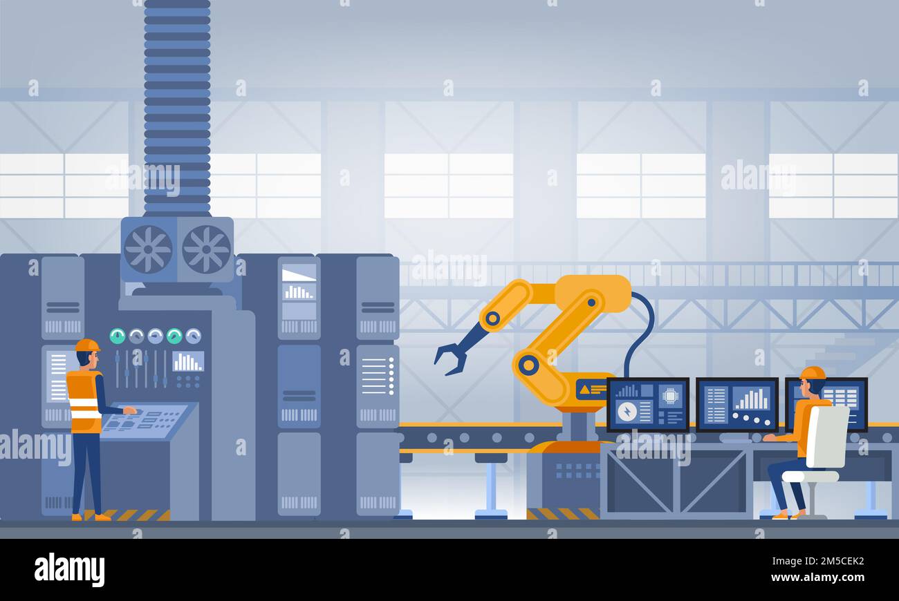 Industry 4.0 Smart factory concept. Workers, robot arms and assembly ...