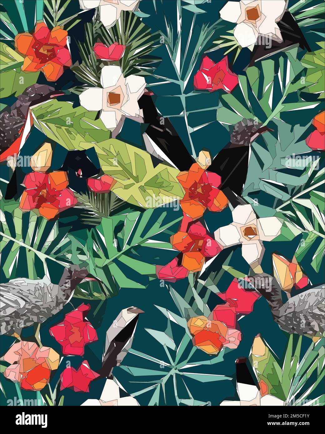 Birds, jungle and floral illustration with outlines. Pattern for ...