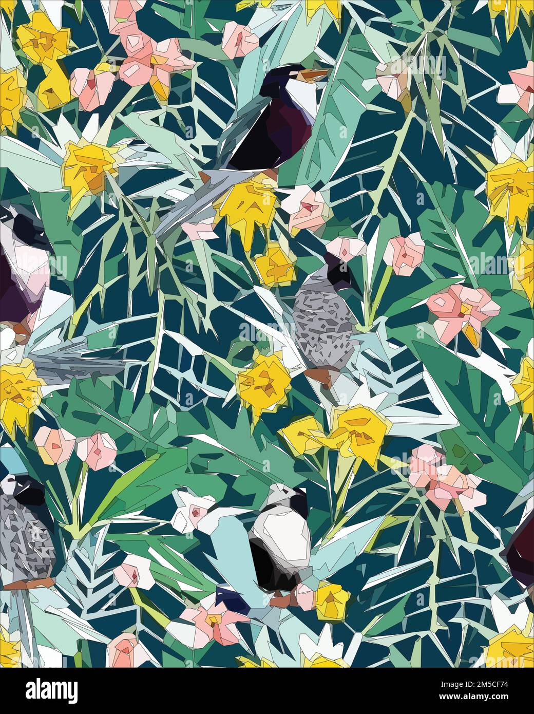 Birds, jungle and floral illustration with outlines. Pattern for ...