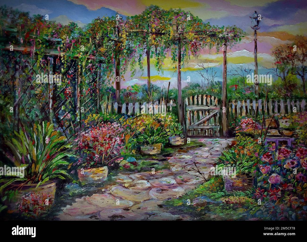 oil painting Pathway with trees and flowers Stock Photo - Alamy