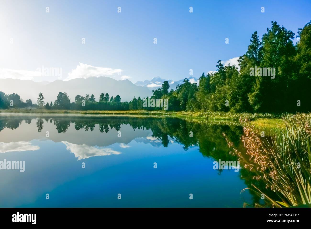 Reflections in Lake Mathieson surrounded by natural bush and forest and ...