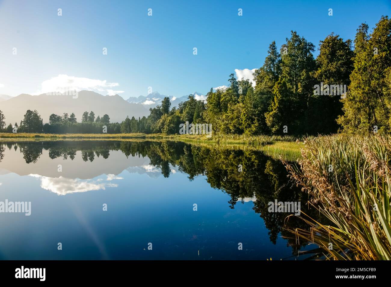 Reflections in Lake Mathieson surrounded by natural bush and forest and ...