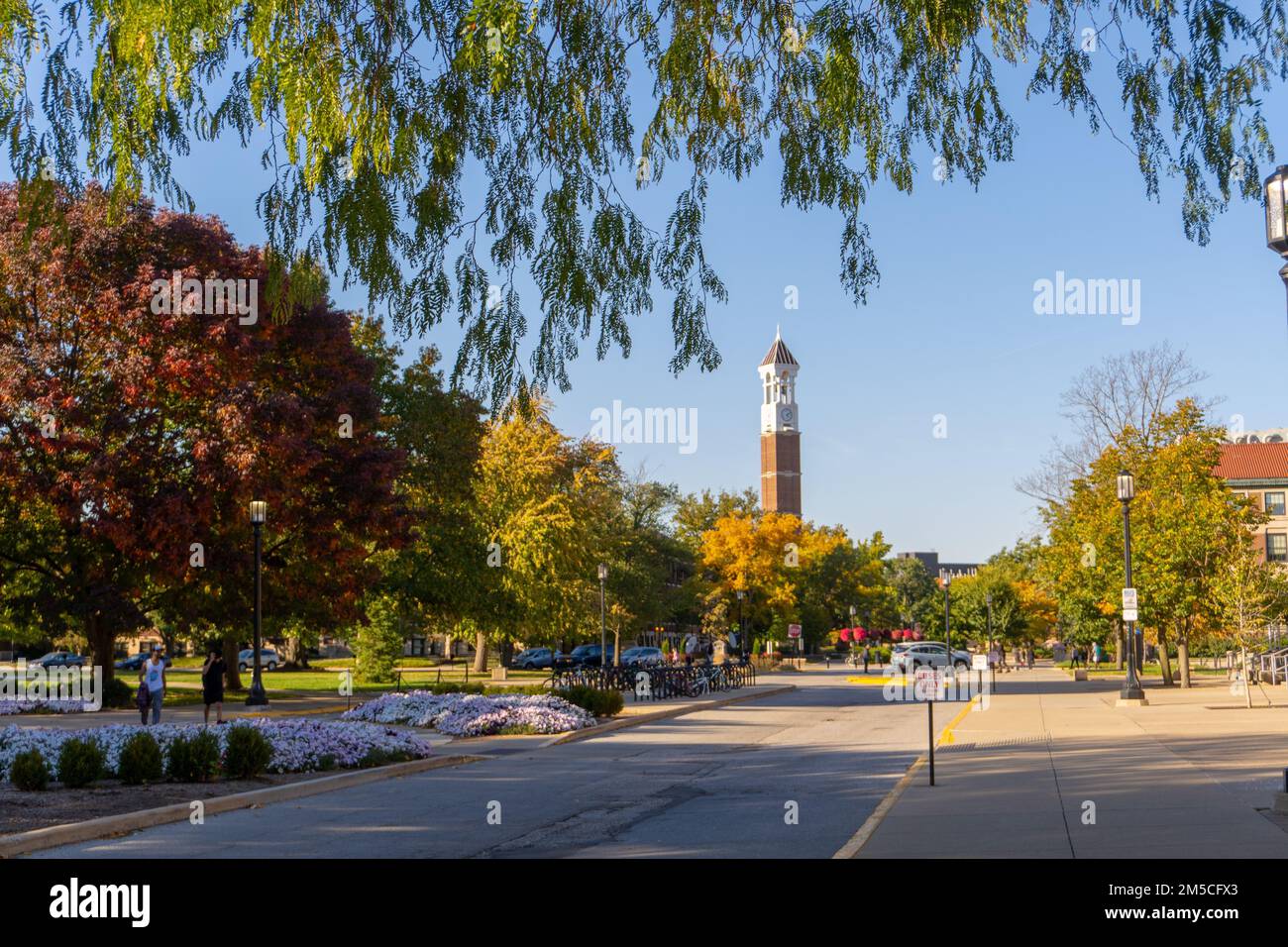 The Bell tower surrounded by colorful autumn trees in West Lafayette ...