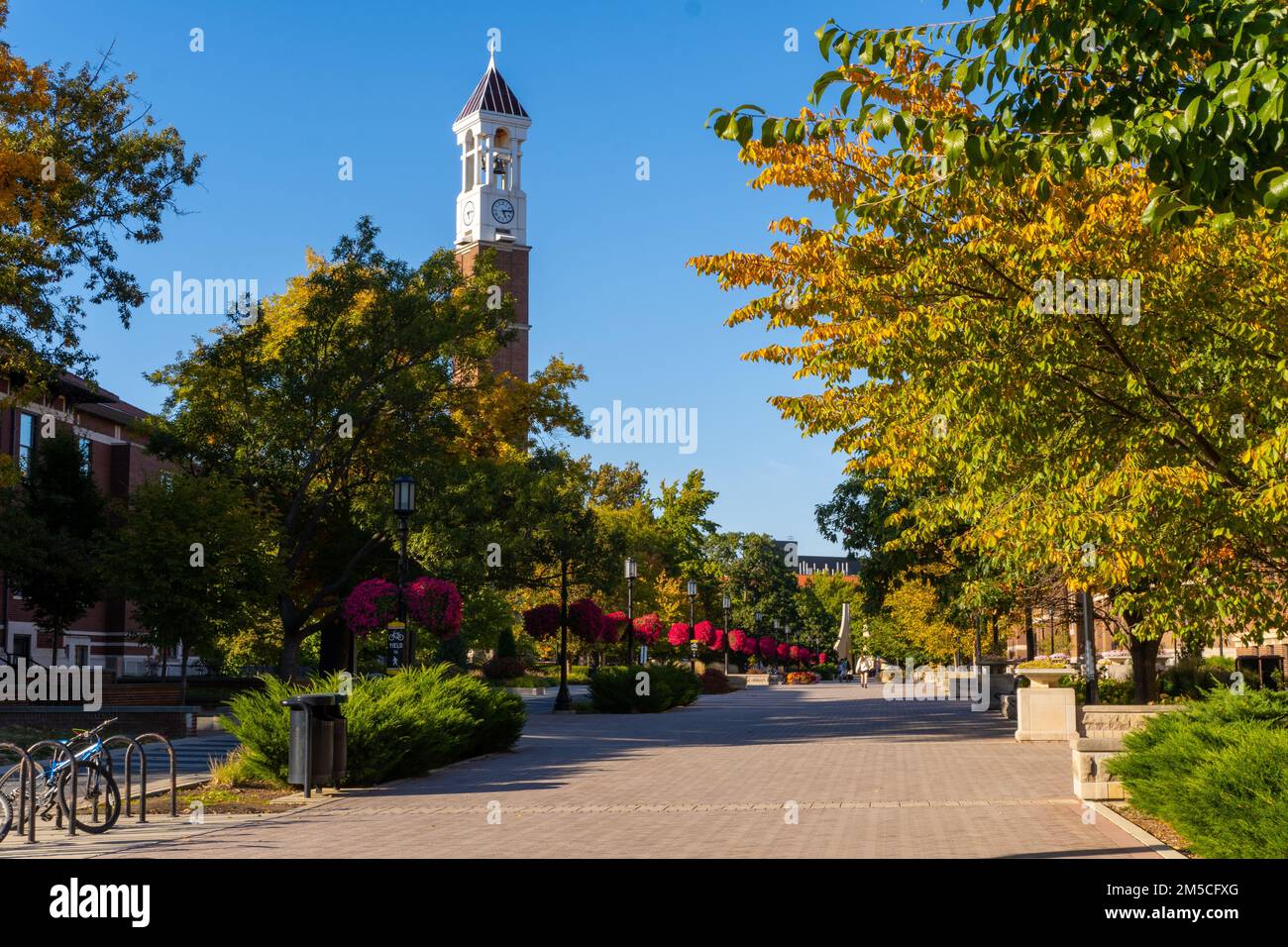 The Bell tower surrounded by colorful autumn trees in West Lafayette ...