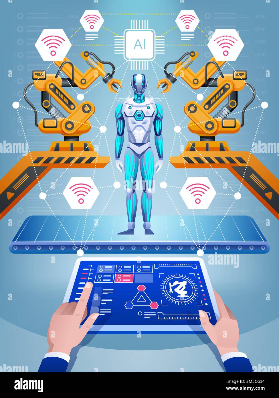 Technologic futuristic industry template with automatic robotic arms ...
