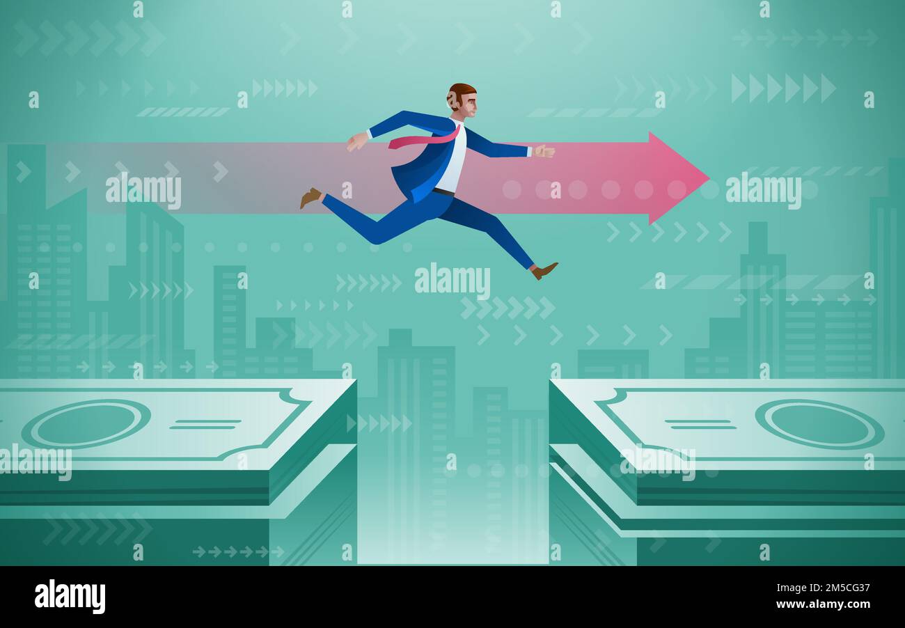 Jump to success. Businessman jumps from one stack of money to another ...