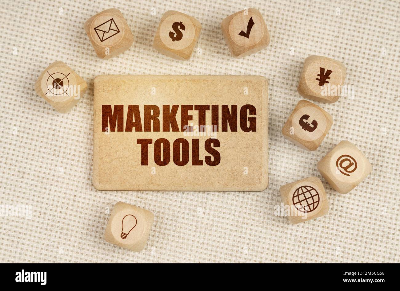 Business concept. On the fabric there are cubes with drawings and a ...