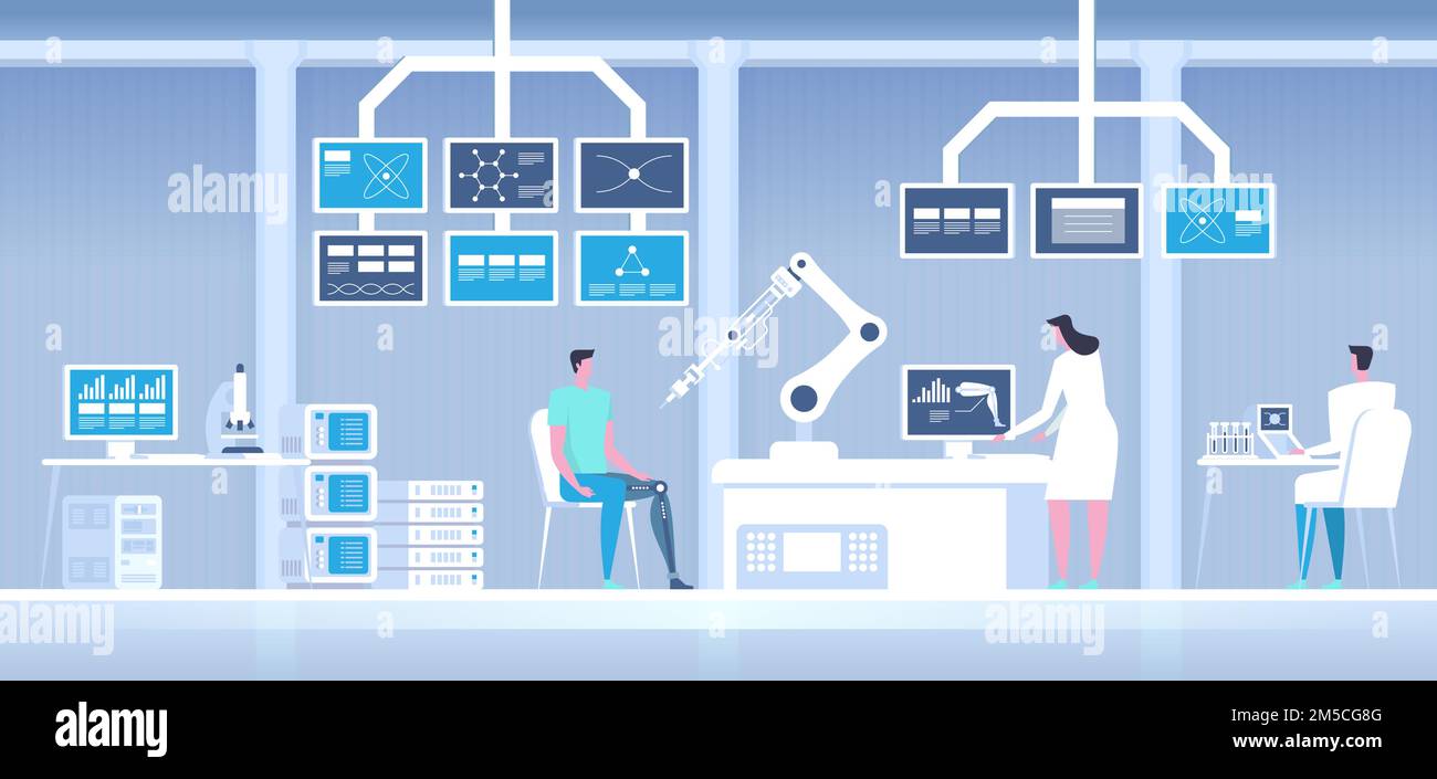 Science lab. Man with bionic leg as prothesis. Artificial foot. Future ...
