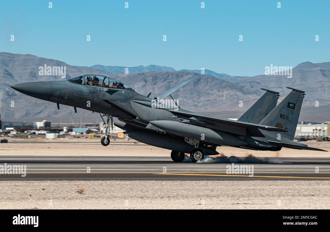 A Royal Saudi Air Force F-15SA, assigned to the Royal Saudi Air Force Weapons School, lands in ...