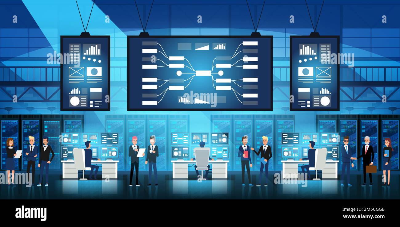 Vector illustration of IT engineers in big data center work on new ...