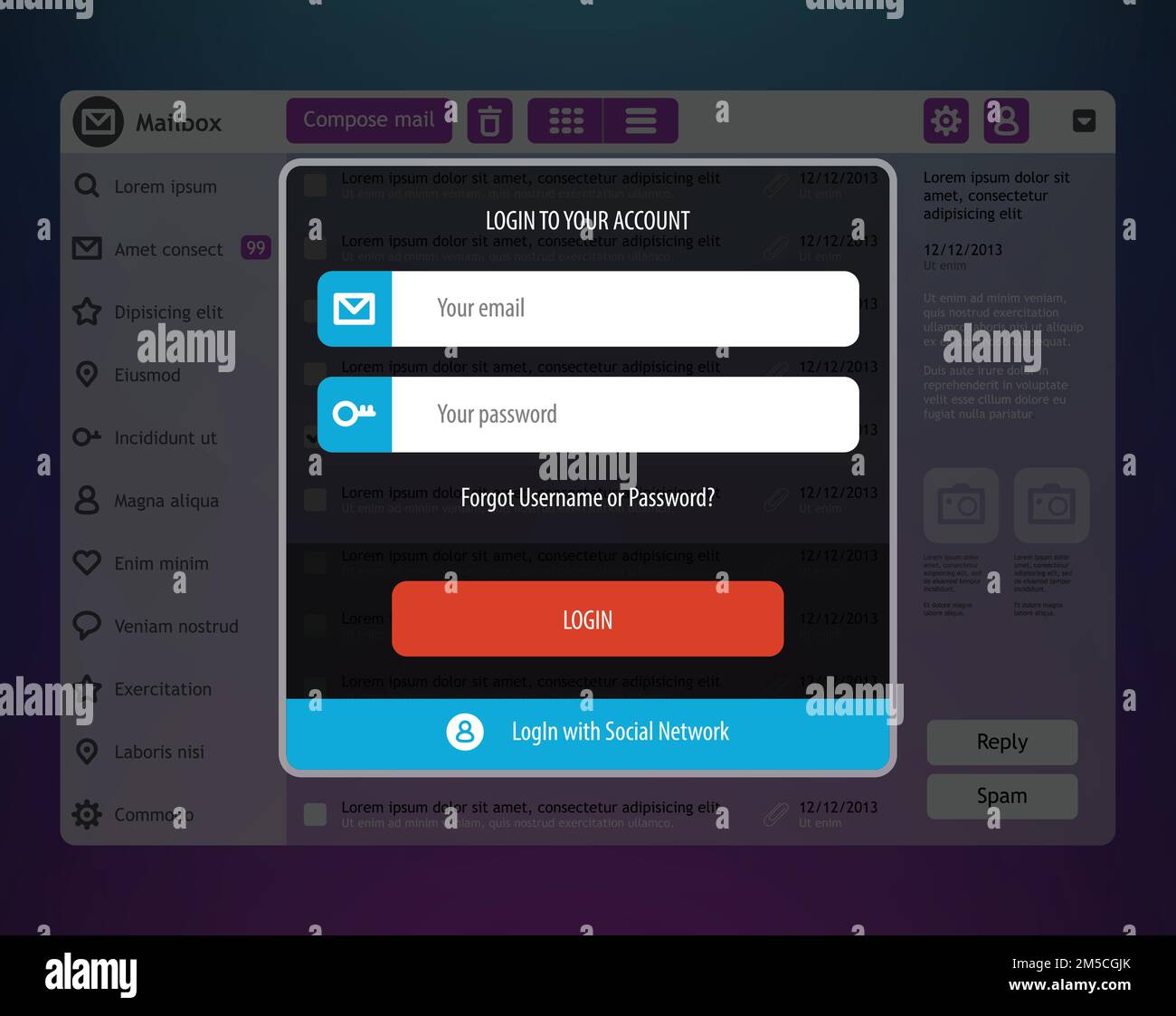 Login form page on email interface background. Vector illustration. Eps ...