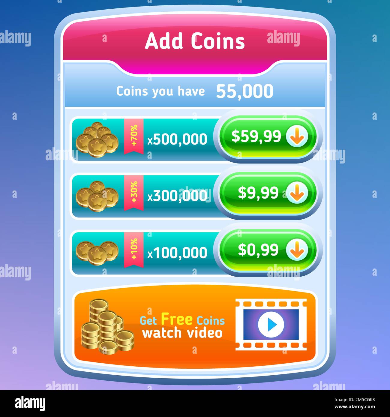 Game UI. Interface design. Add coins screen. Virtual currency Bank ...