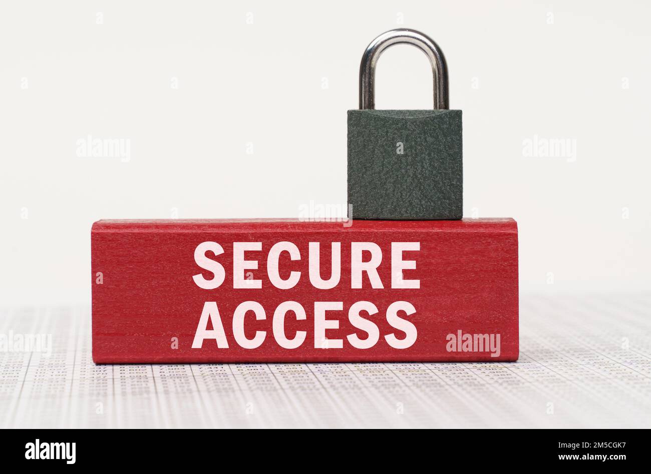 Business and security concept. On the reports there is a red block with ...