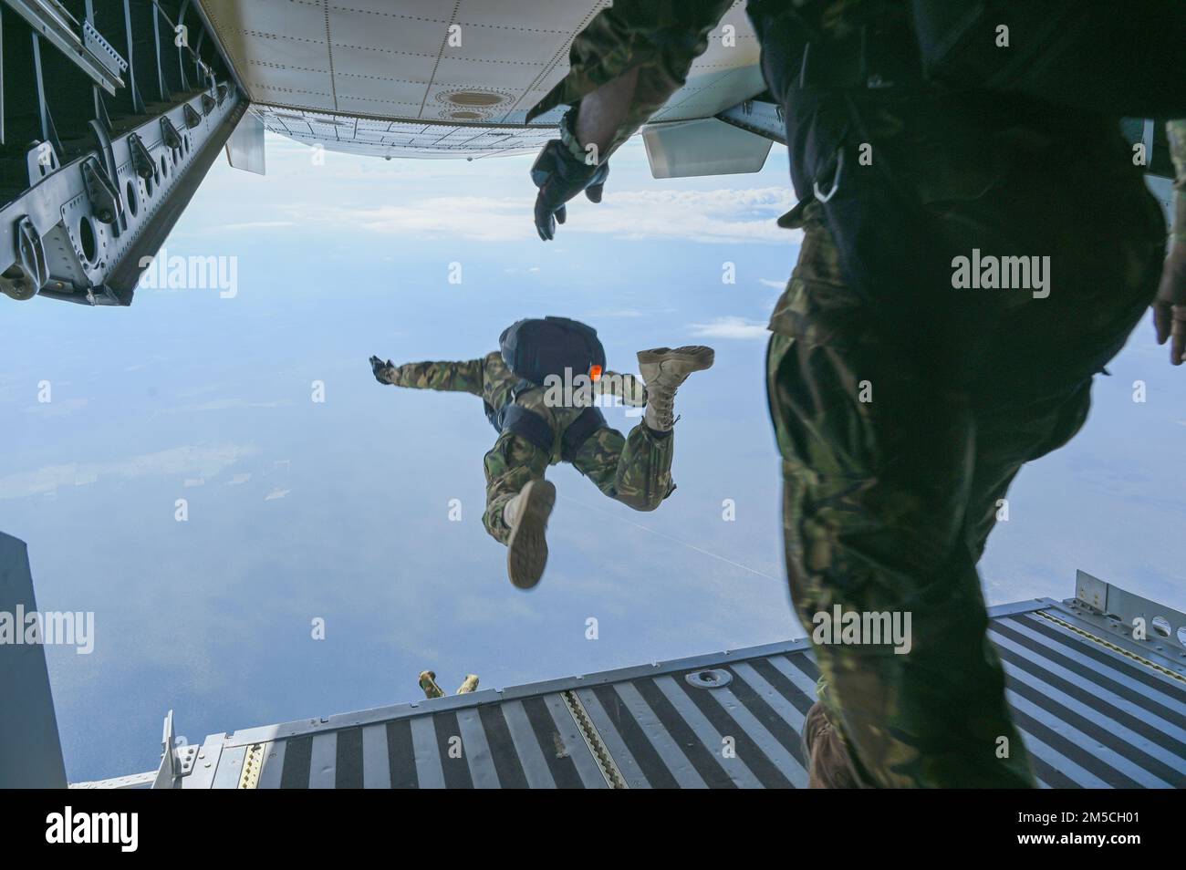 Soldiers from the Botswana Defense Force conduct an aerial freefall ...