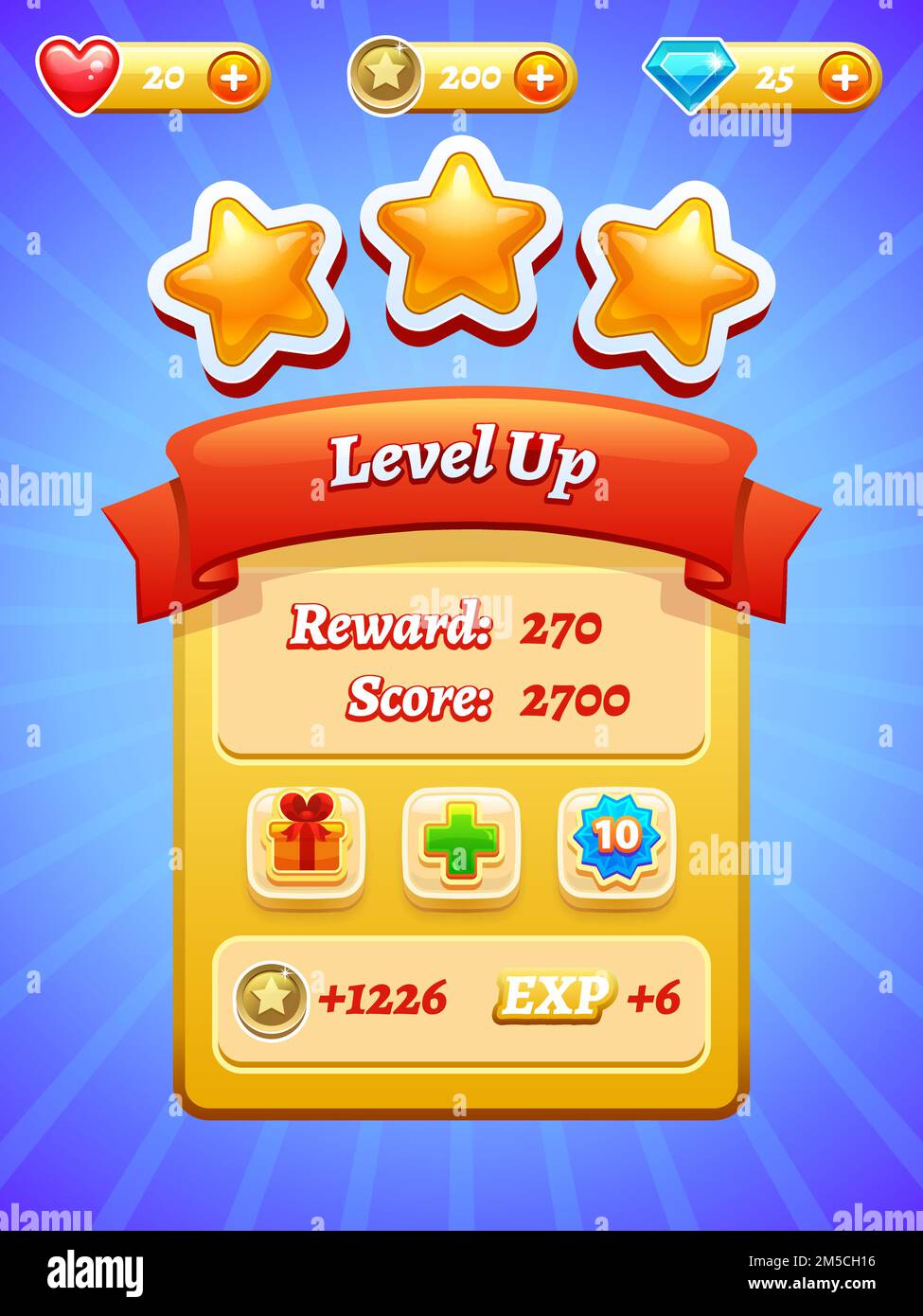 Game Ui Interface Design Stars Level Up Mobile Application Vector Illustration Stock Vector