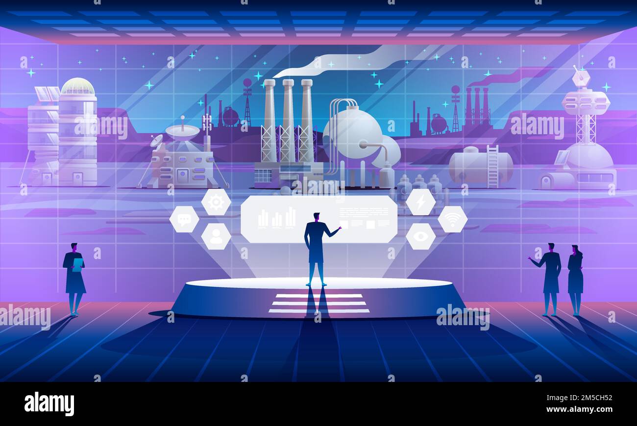 Mars colonization. Interior of the space base with view on mars ...