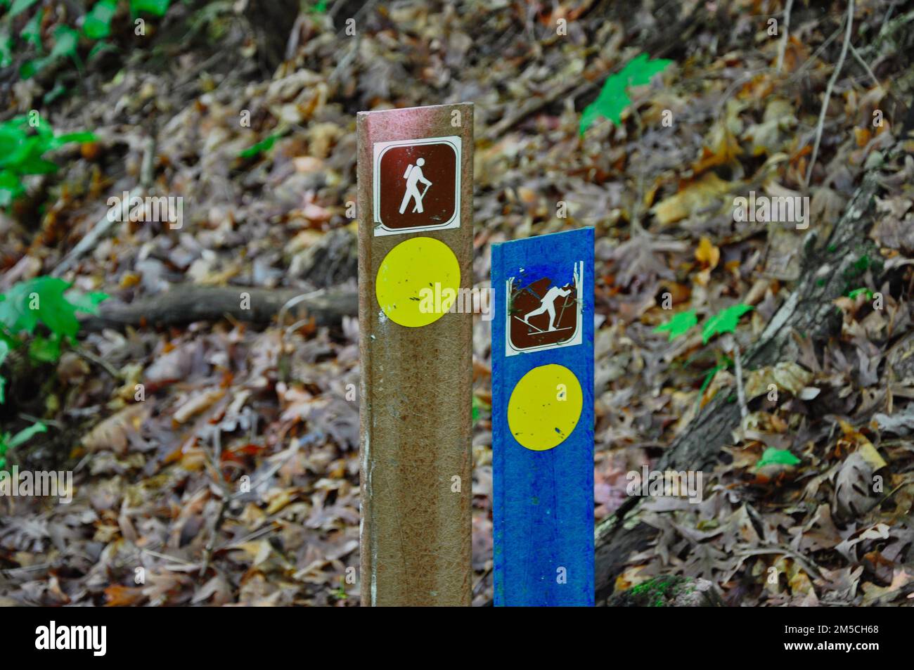The signs in the hiking area on a mountain slope with dry leaves in the ...