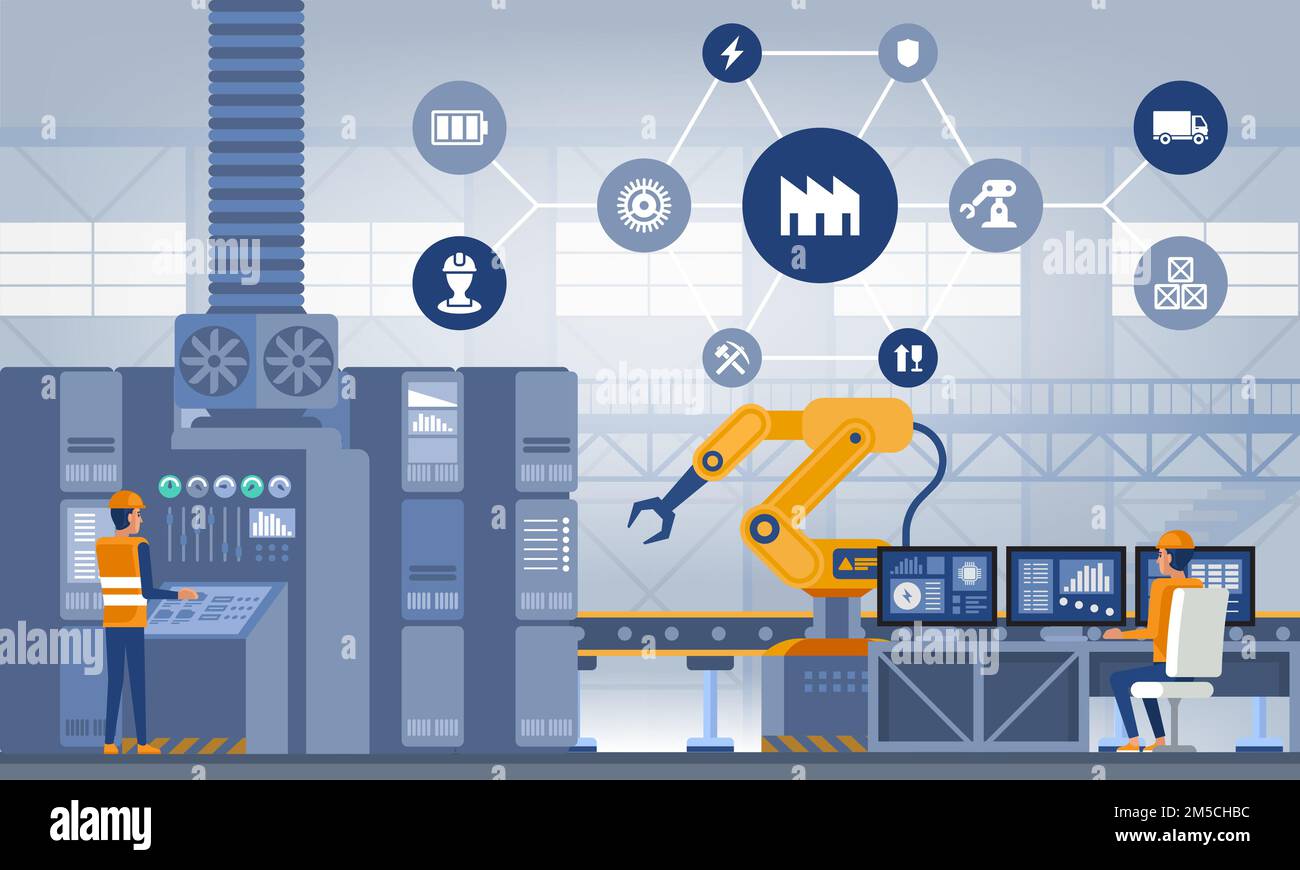 Industry 4.0 Smart factory concept. Workers, robot arms and assembly ...