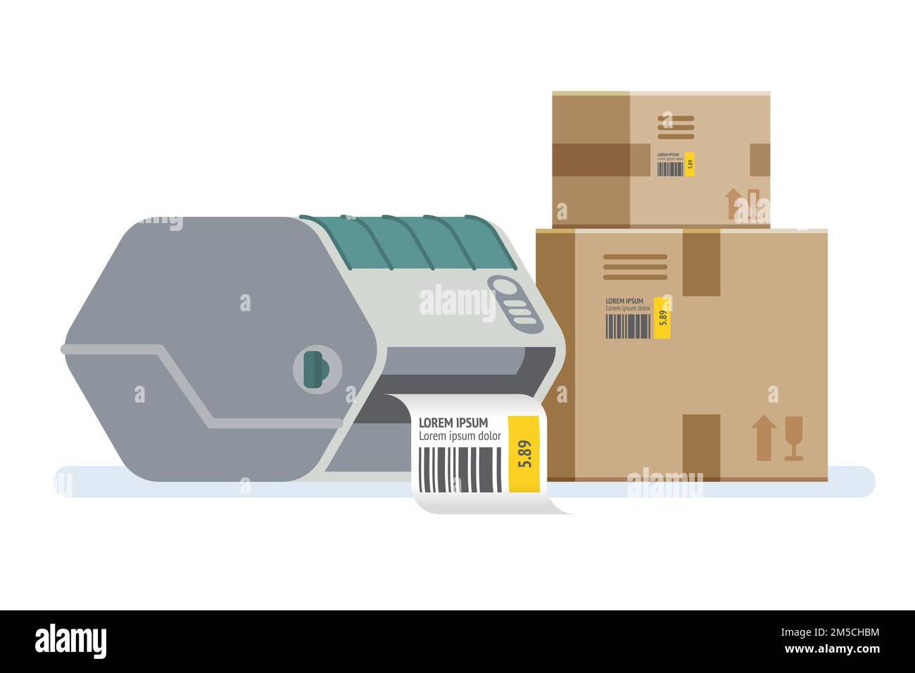 Label printer with boxes. Packaging boxes marked with a bar code ...
