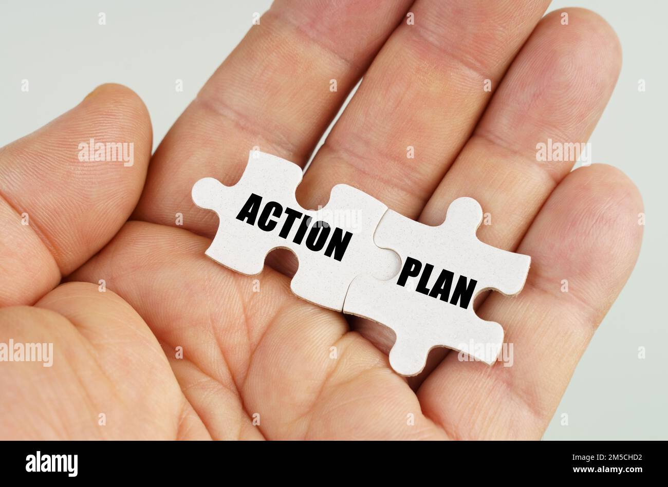 Business concept. In the hand of a man are puzzles with the inscription ...