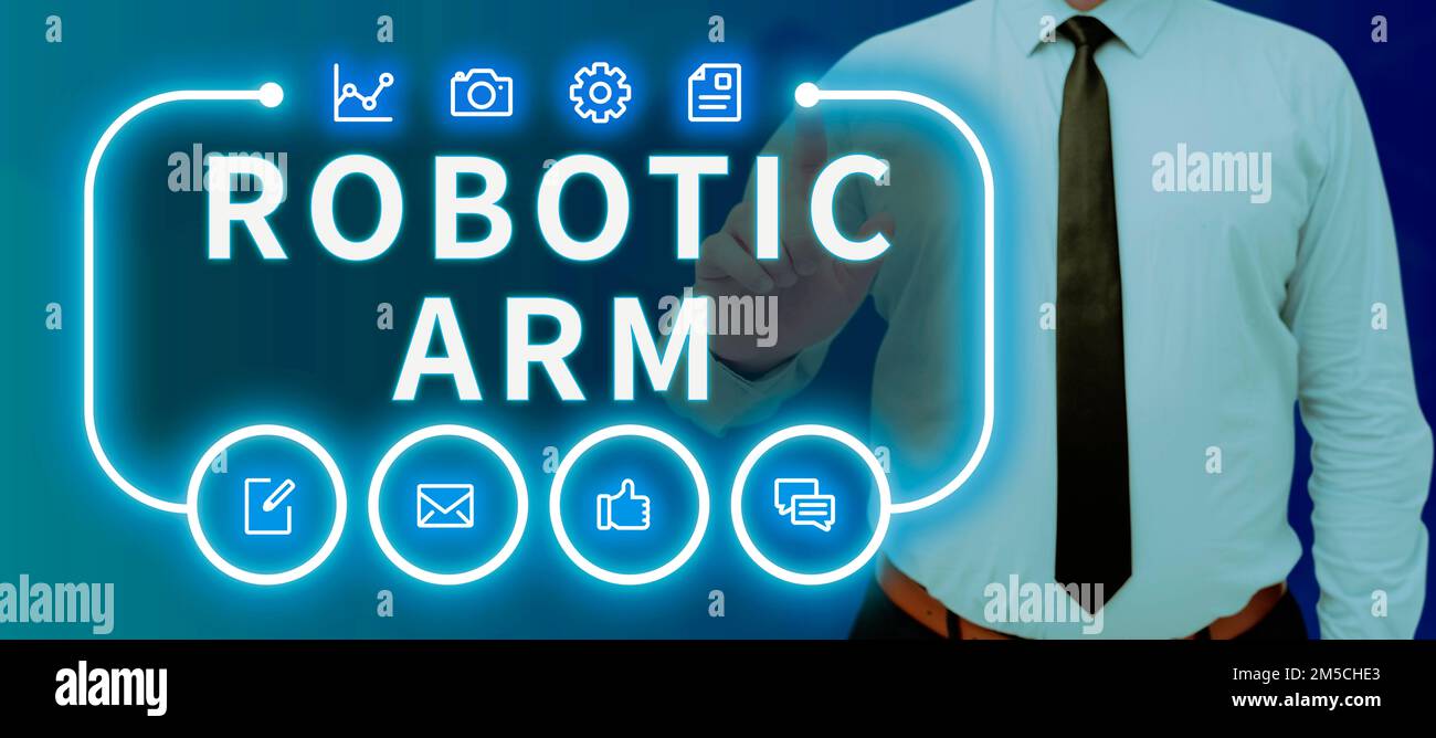 Writing displaying text Robotic Arm. Business concept programmable ...