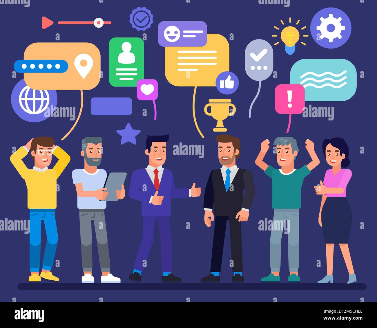 Successful Business Team with trophy icon and speech bubbles ...