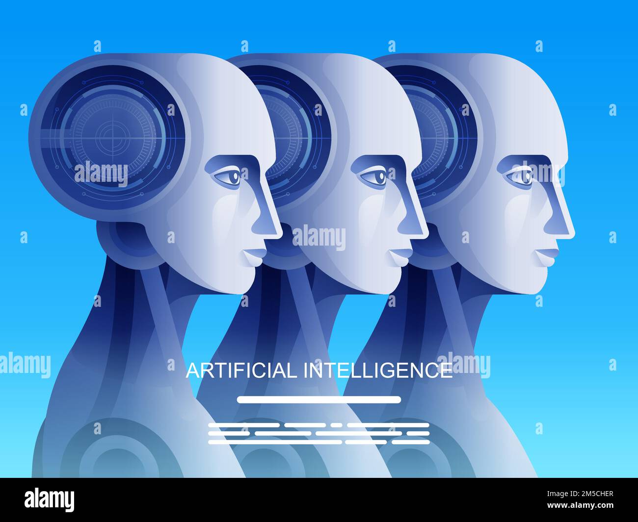 Artificial intelligence. Future cybernetic machines. Army of robots. Innovative look. Vector ...