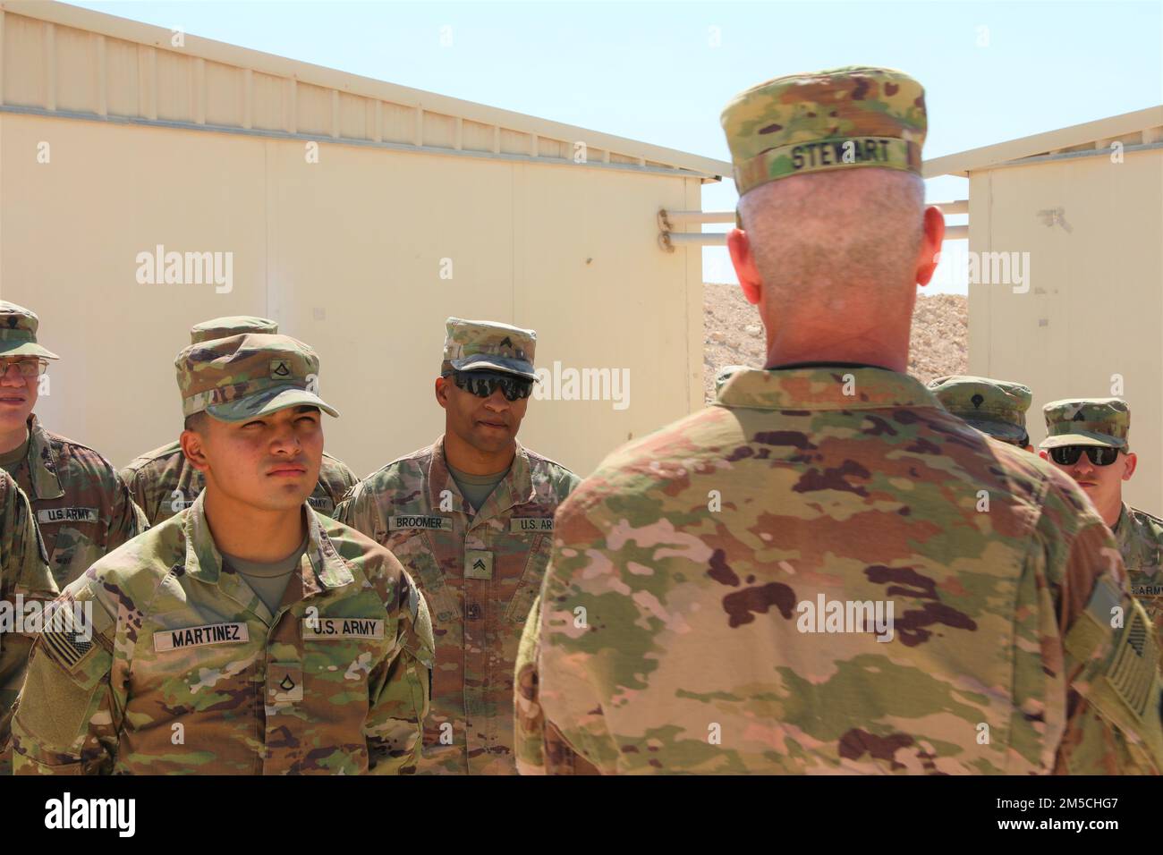 Pfc. Martinez and Cpl. Broomer listen to Stewart speak. Brig. Gen ...