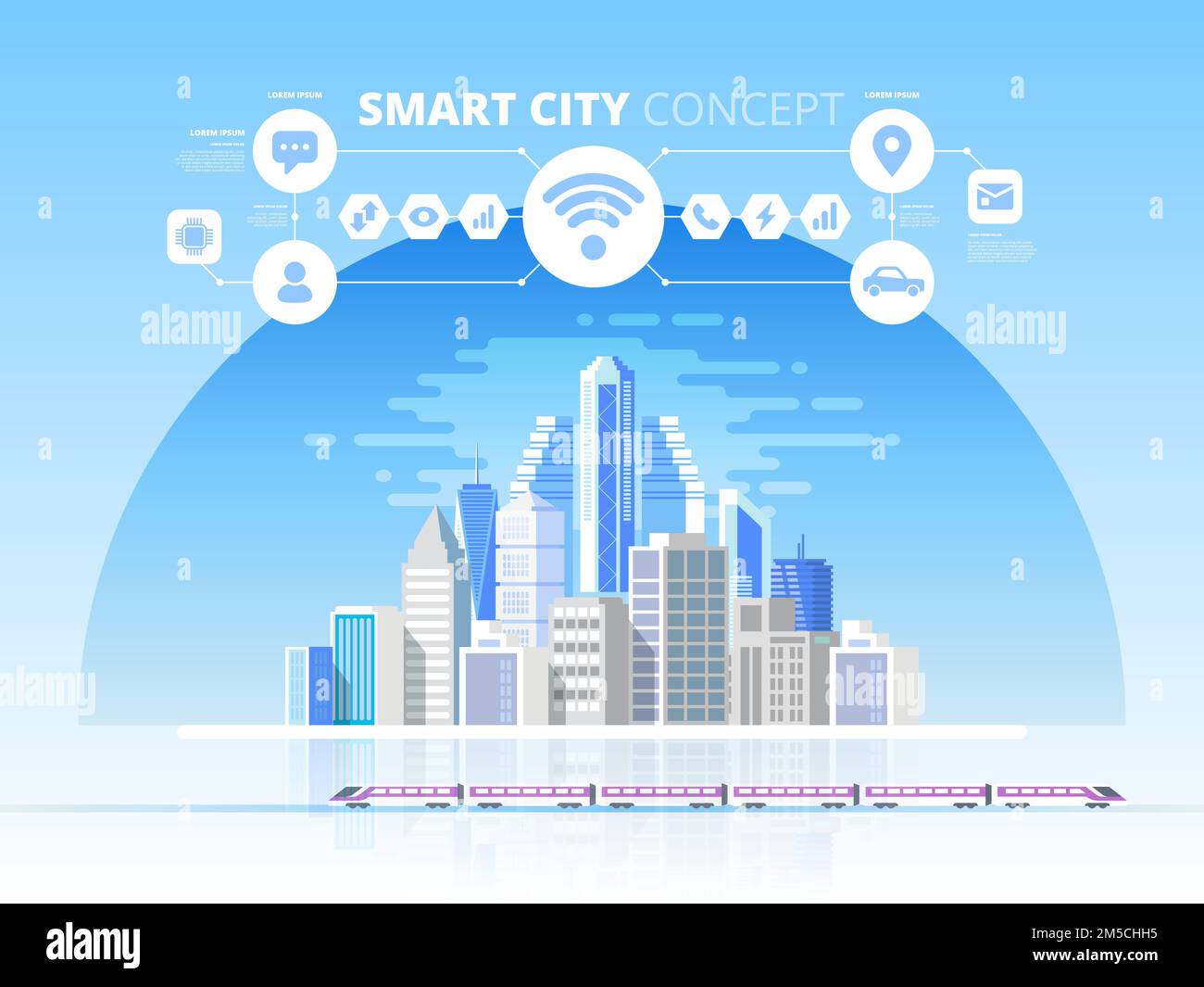 Smart city. Cityscape background with different icons and elements ...