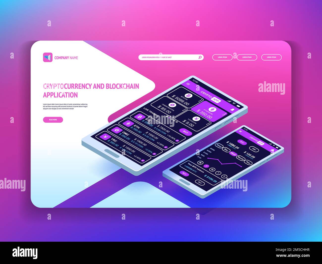 Cryptocurrency and blockchain application for smartphone. Header template for your website ...